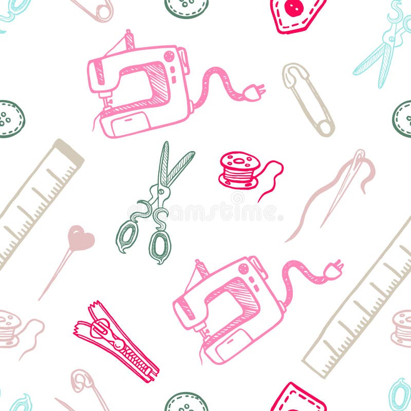 Seamless Pattern with Sewing Tools Linear Icons Scattered on White ...