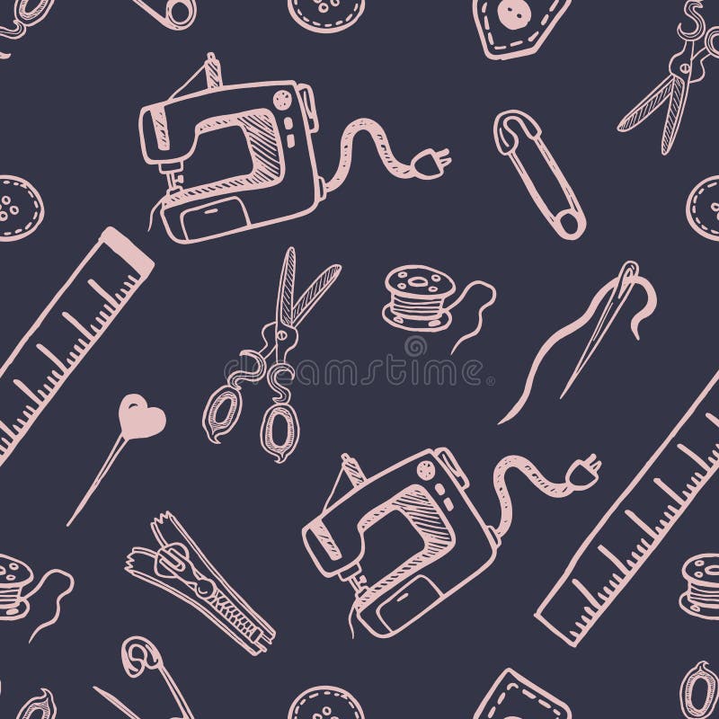 Seamless Pattern with Sewing Tools Linear Icons Scattered on White ...