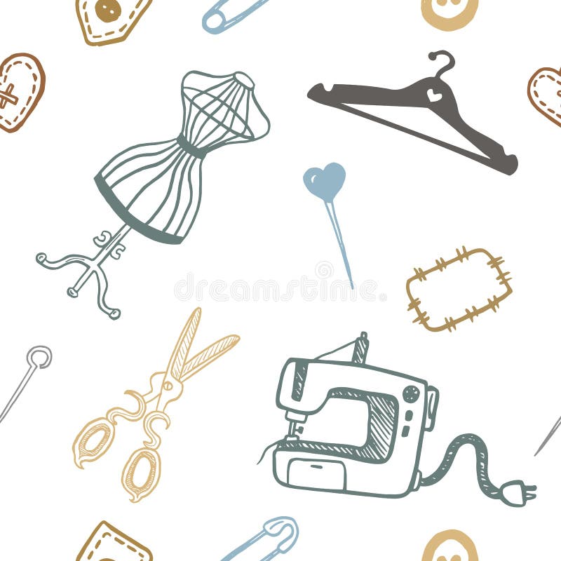 Seamless Pattern with Sewing Tools Linear Icons Scattered on White ...
