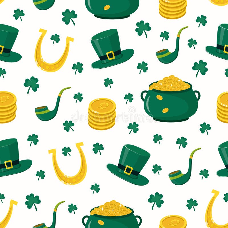 Seamless Pattern with Shamrock, Green Hat, Coins, Gold Horseshoe ...
