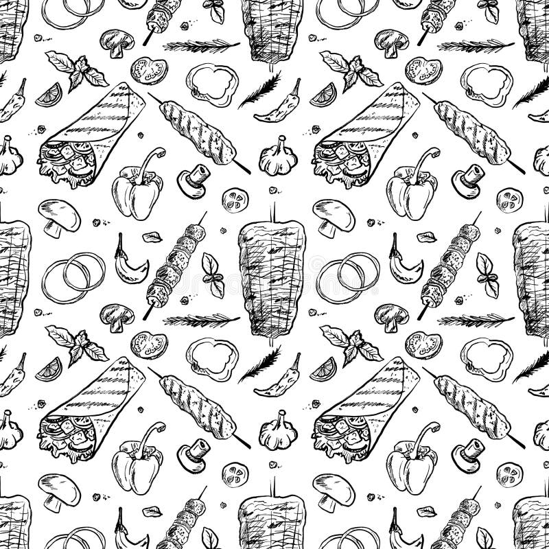 Seamless Pattern with Shawarma Chicken Roll, Fresh Vegetables in Brush ...