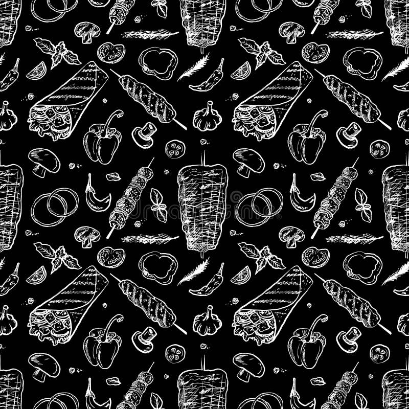 Seamless Pattern with Shawarma Chicken Roll, Fresh Vegetables in Chalk ...