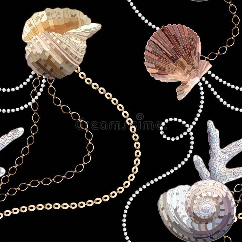 Seamless Pattern with Shells, Coral and Chains. Marine Motif Background ...