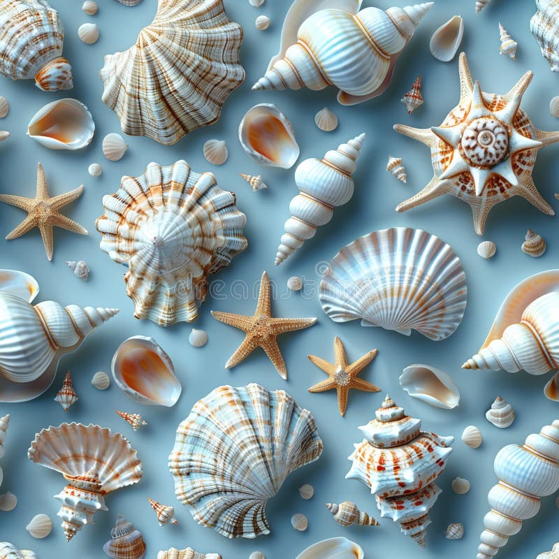 Seamless Pattern Shells and Starfish on Blue Background. Stock Photo ...