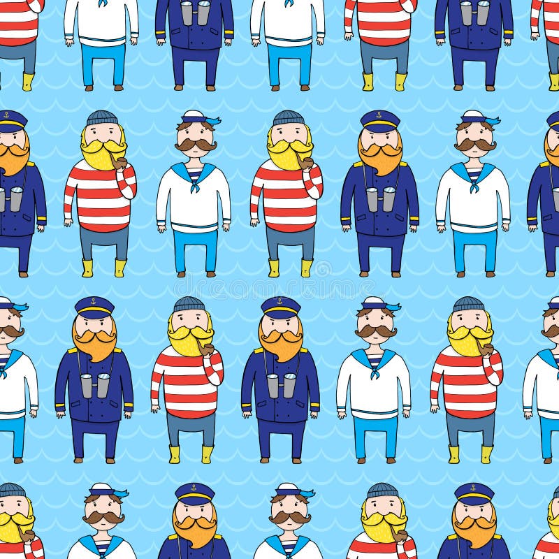 Ship Crew Male Characters in Uniform. Captain at Steering Wheel ...