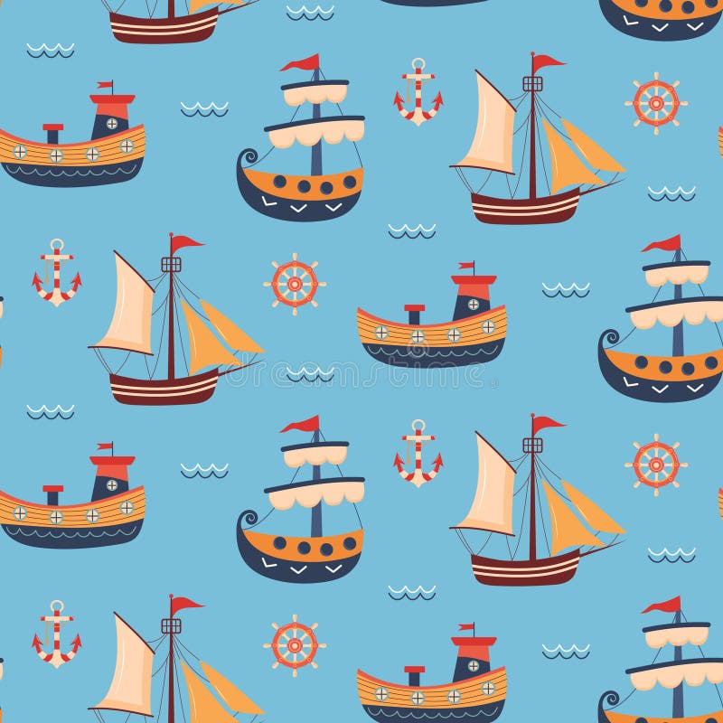 Seamless Pattern with Ships, Anchor, Steering Wheel and Wave. Stock ...