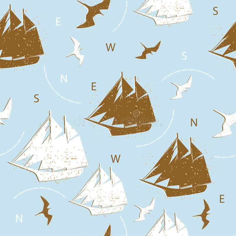 Seamless Pattern Ships Birds Silhouettes Background Blue Design Stock ...
