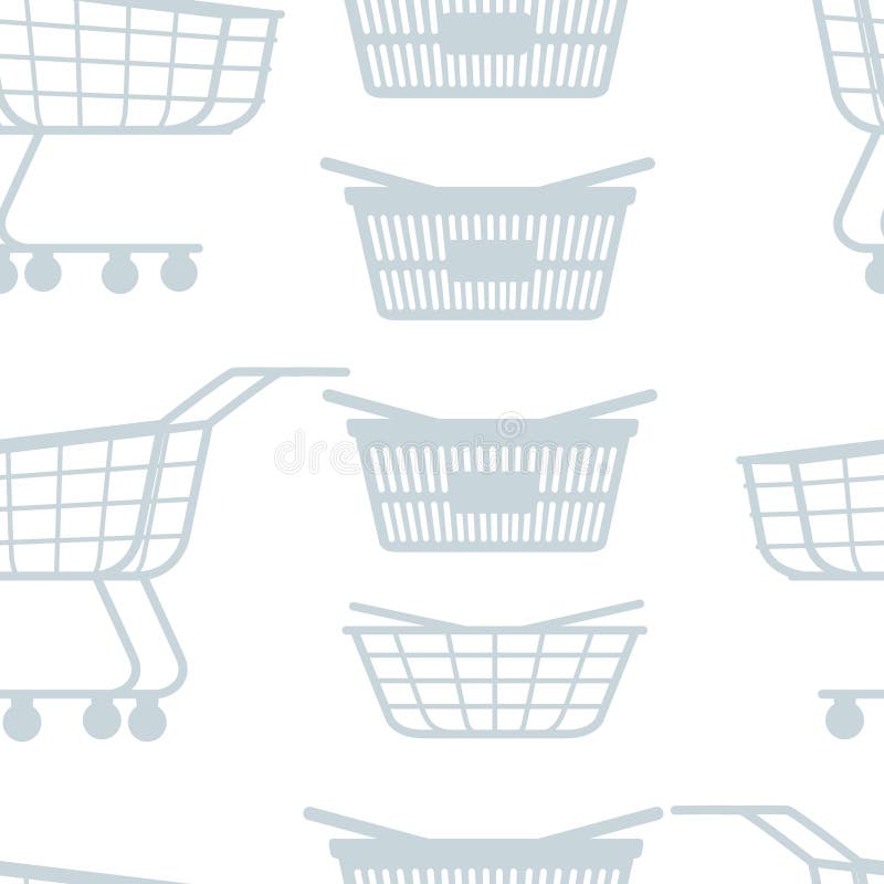 Seamless Pattern of Shopping Carts and Baskets Vector Illustration on ...