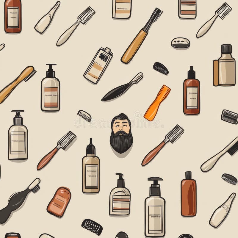 Seamless Pattern Featuring Beard Icons, Razors, and Grooming Bottles on ...