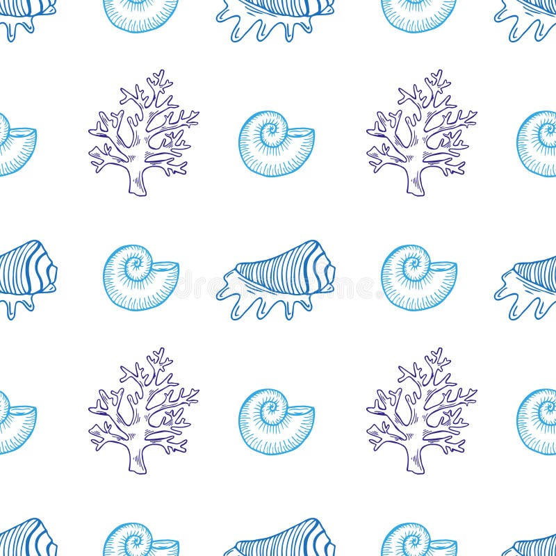 Coastal Cowgirl Seamless Pattern Featuring Line Art of Shells, Corals ...