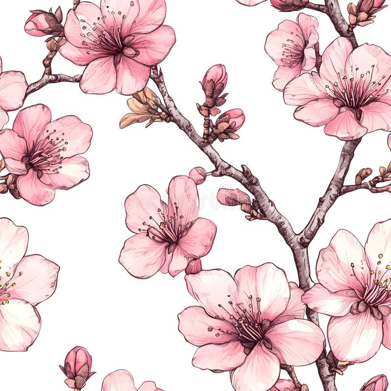 Seamless Pattern Showcasing Hand-drawn Cherry Blossom Branches with ...