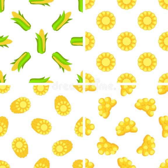 Seamless Pattern Showing Corn Cobs, Slices and Kernels on White ...