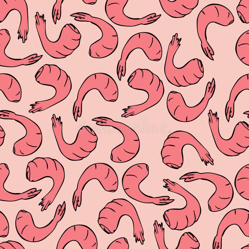 Seamless Pattern with Shrimp on a Pink Background. Vector. Doodle Style ...