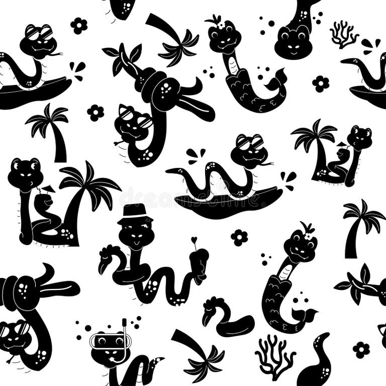 Seamless Pattern Silhouette Cartoon Character Summer Snake Stock Vector ...
