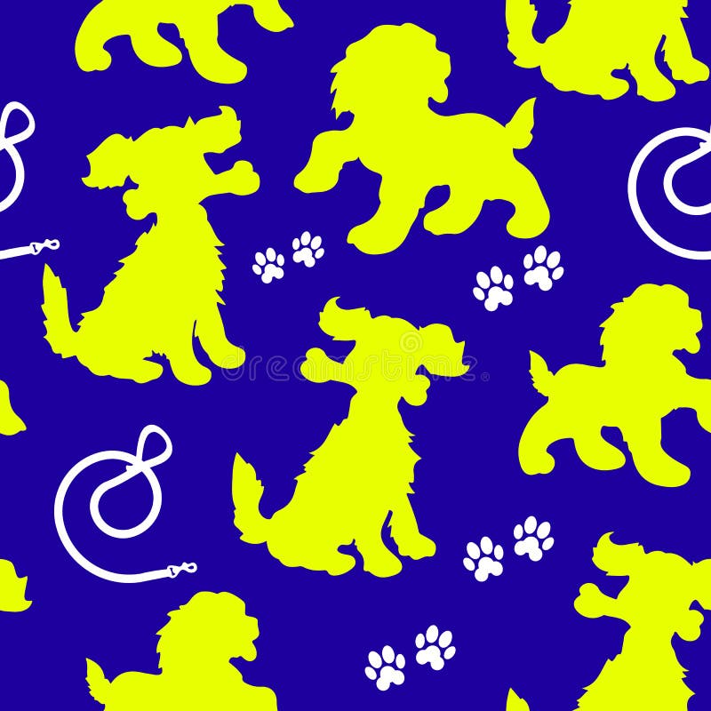 Seamless Pattern, Silhouette of Cute Yellow Dogs, on Blue Background ...