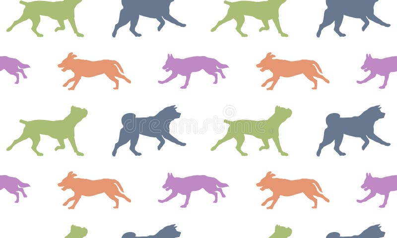 Silhouette Dogs in Various Poses Isolated on Blue Background. Seamless ...