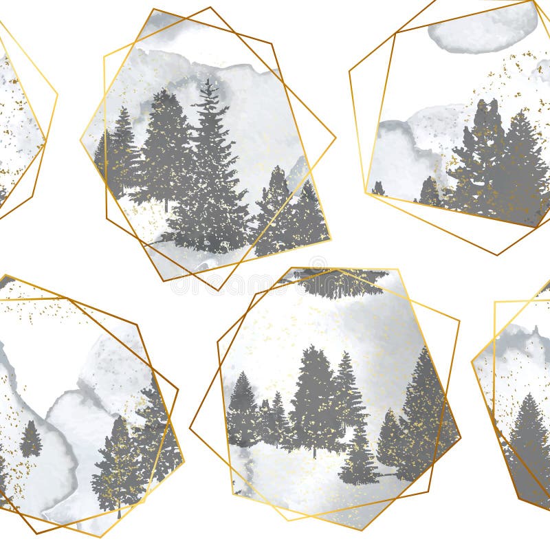 Seamless Pattern with Silhouettes Forest Trees,gold Geometric Shapes ...