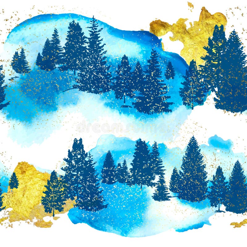Seamless Pattern with Silhouettes Forest Trees,gold Strokes and ...