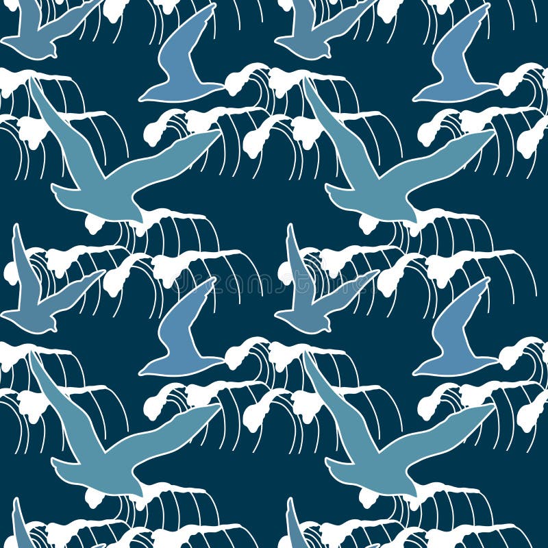 Seamless Pattern With Silhouettes Of Sea Gull Flying Against A ...
