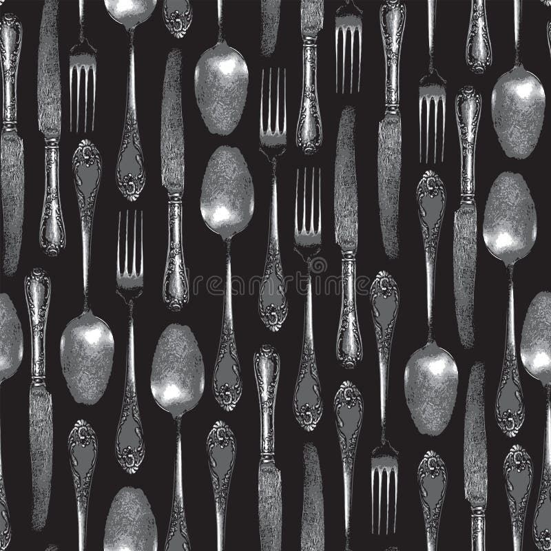 Seamless Pattern with Silver Cutlery Fork Spoon and Knife Stock Vector ...