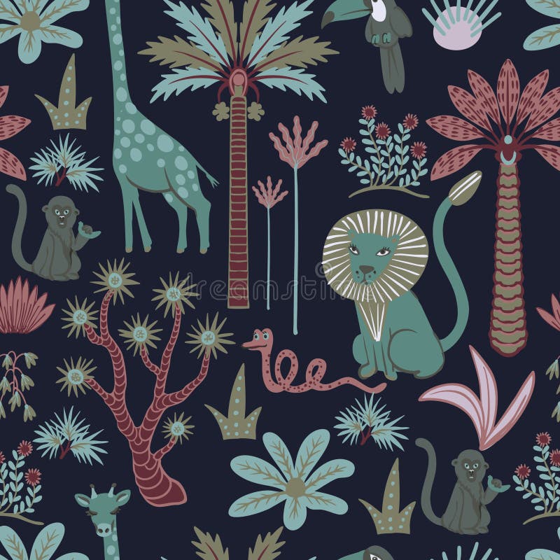 Seamless Pattern with Simple Animals, Trees and Plants. Tropical Jungle ...