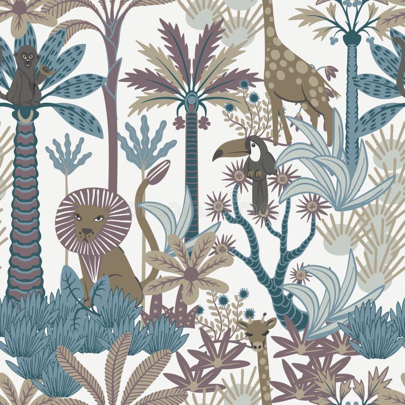 Seamless Pattern with Simple Animals, Trees and Plants. Tropical Jungle ...