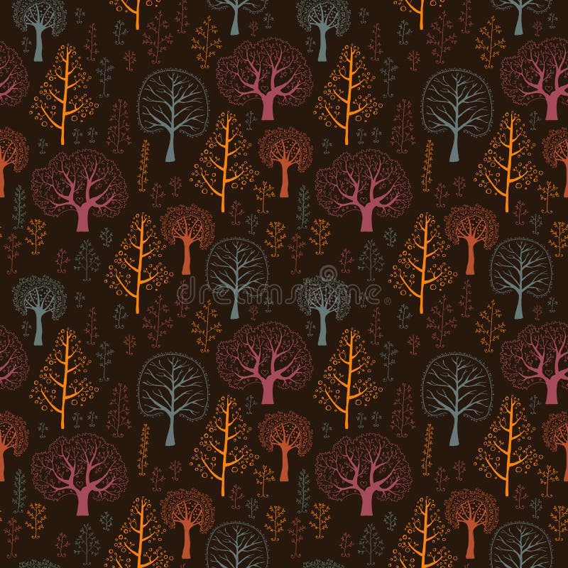 Seamless Pattern of Simple Doodle Trees at Night Stock Vector ...