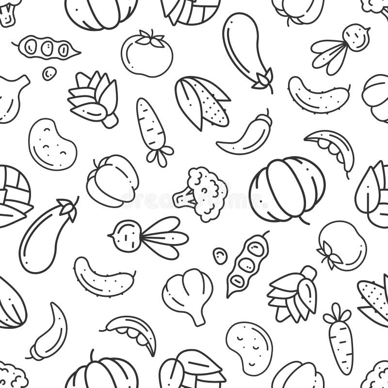 Black and White Seamless Pattern of Outline Vegetable Icons Stock ...