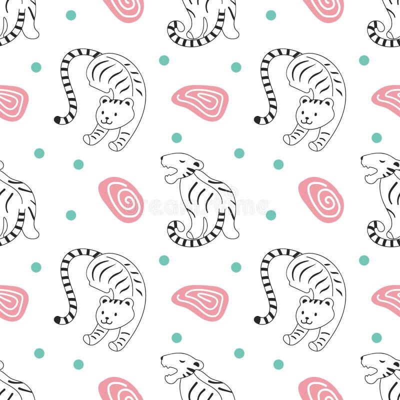 Seamless Pattern with Simple Shaped Tigers and Abstract Elements Stock ...