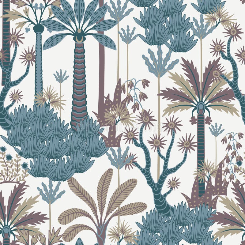 Seamless Pattern with Simple Trees and Plants. Tropical Jungle Vector ...