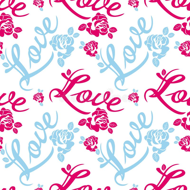 Seamless Pattern with Single Word `love` and Roses Silhouettes. Stock ...