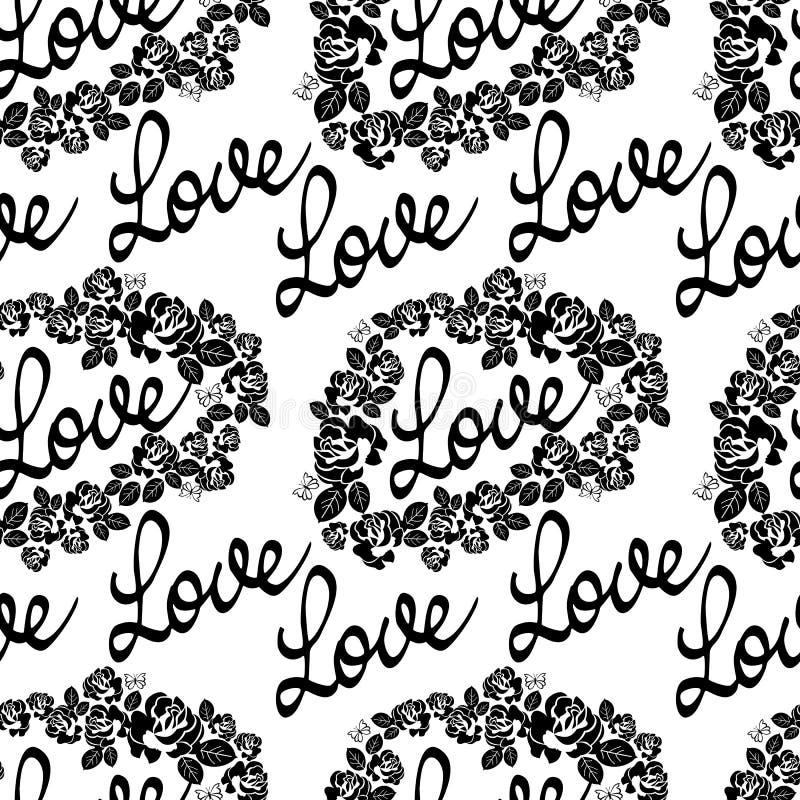Seamless Pattern with Single Word `love` and Roses Silhouettes. Stock ...