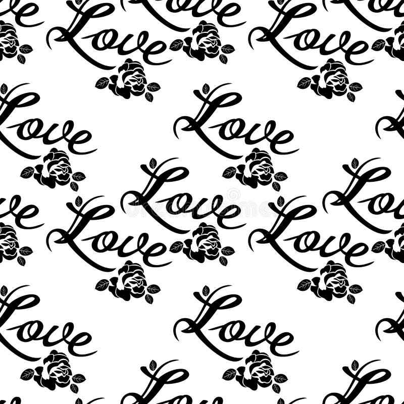 Seamless Pattern with Single Word `love` and Roses Silhouettes. Stock ...