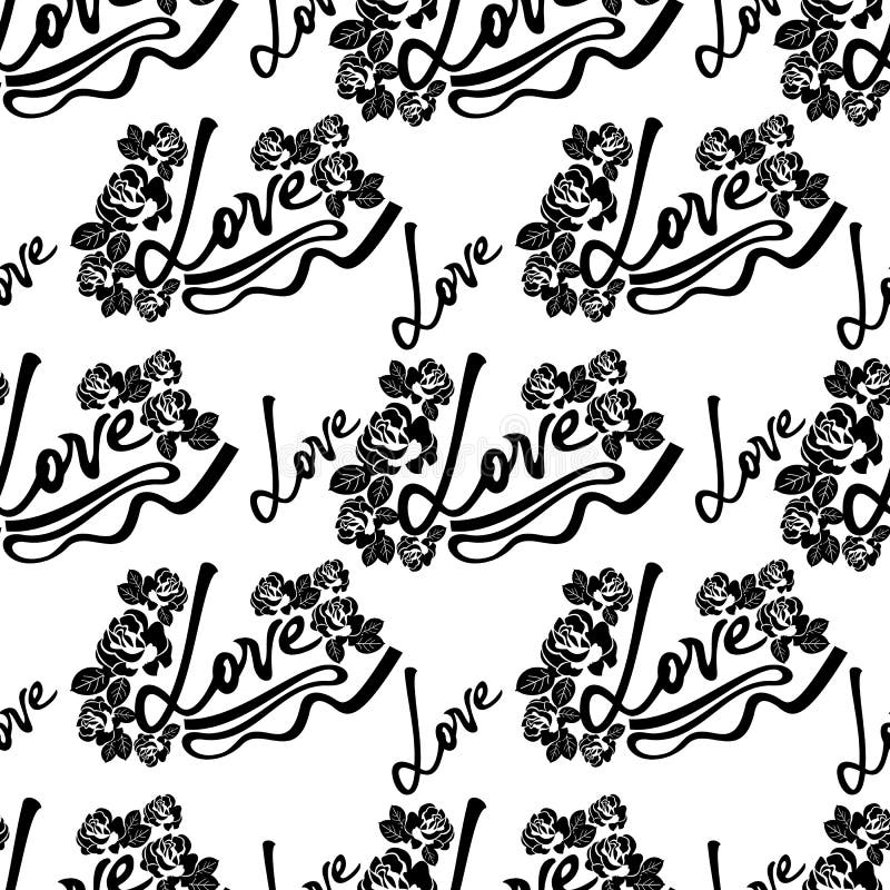 Seamless Pattern with Single Word `love` and Roses Silhouettes. Stock ...