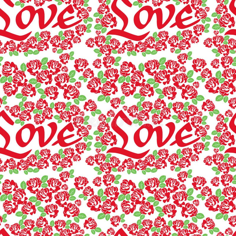 Seamless Pattern with Single Word `love` and Roses Silhouettes. Stock ...