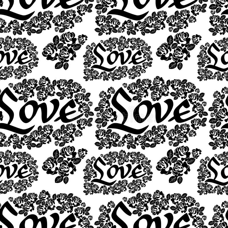 Seamless Pattern with Single Word `love` and Roses Silhouettes. Stock ...