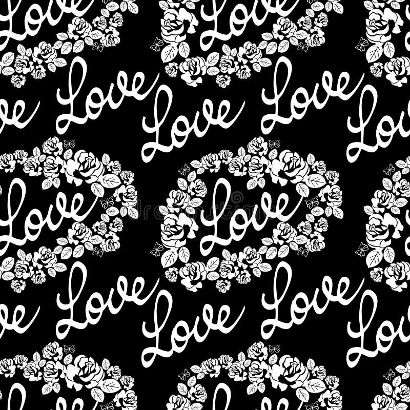 Seamless Pattern with Single Word `love` and Roses Silhouettes. Stock ...