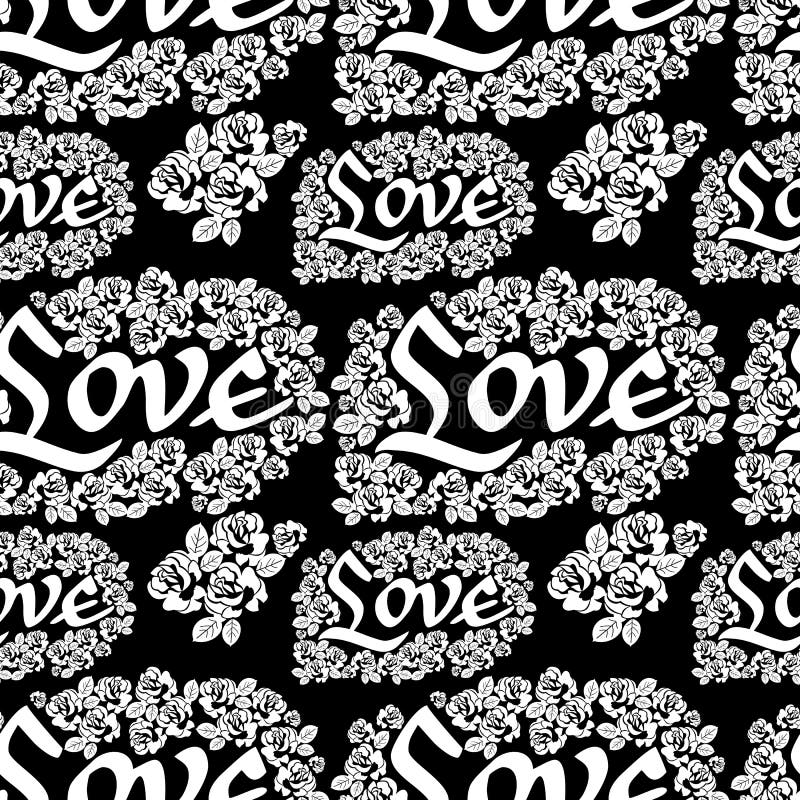 Seamless Pattern with Single Word `love` and Roses Silhouettes. Stock ...
