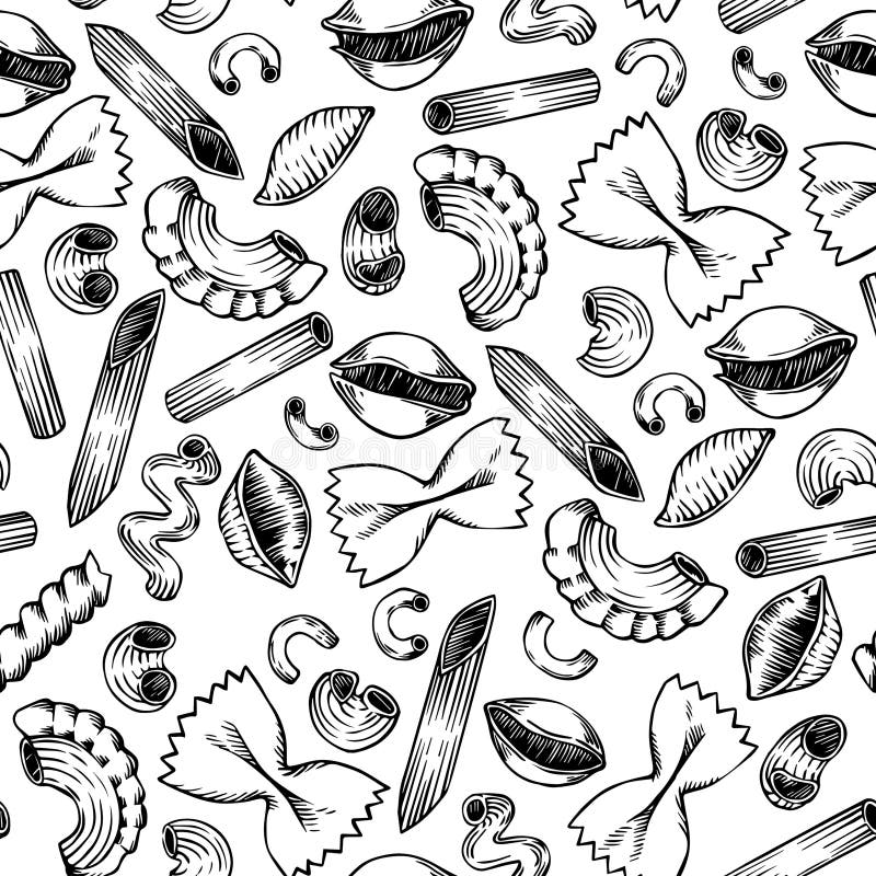 Seamless Pattern In Sketch Style Vintage Print Of Types Of Pasta
