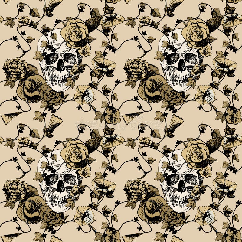 Seamless Pattern Skull in Flowers Stock Vector - Illustration of ...