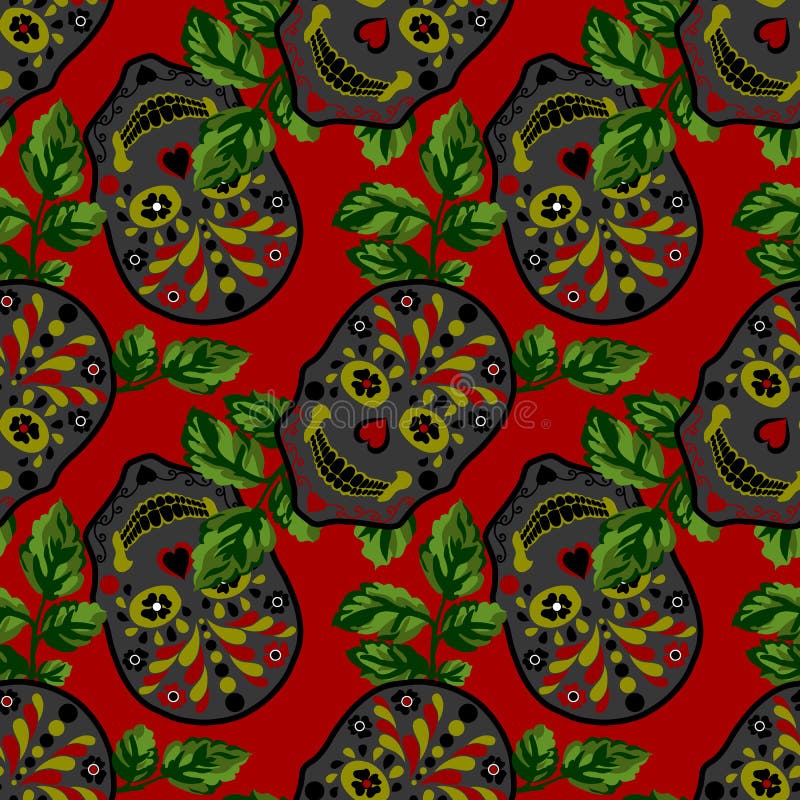 Seamless Pattern with Skull and Leaves. Stock Vector - Illustration of ...