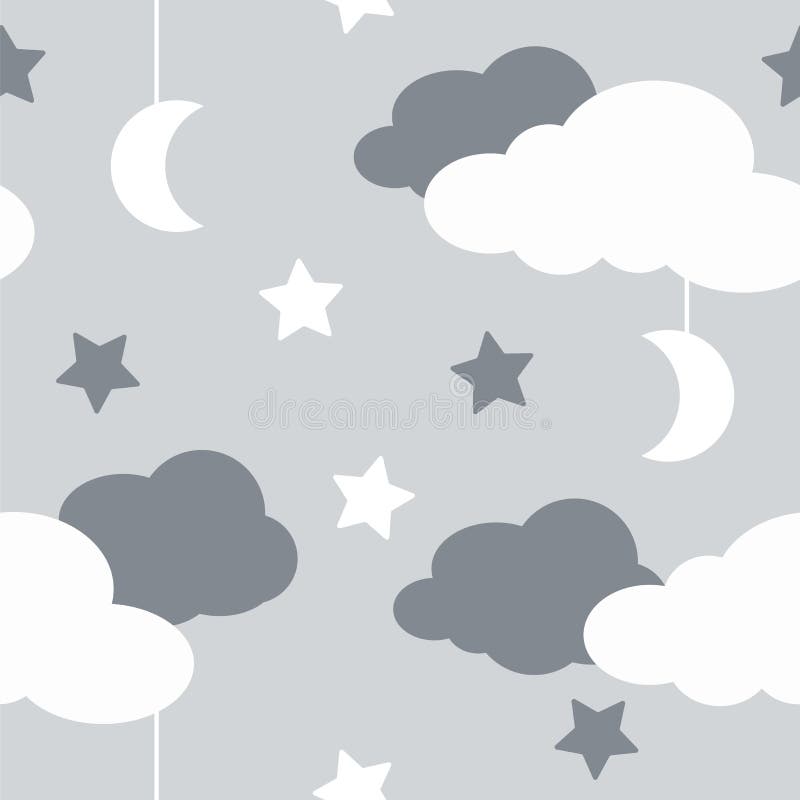 Seamless Pattern with Sky Elements in Line Art Style, Grey Night Stock ...