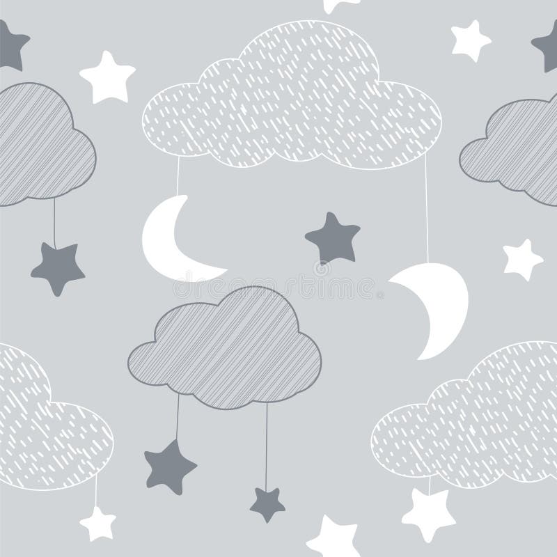 Seamless Pattern with Sky Elements in Line Art Style, Grey Night Stock ...