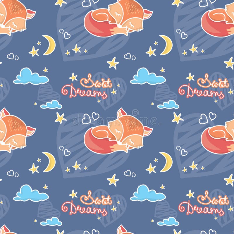 Seamless Pattern With Sleeping Fox Moon Cloud And Sweet Dreams Stock