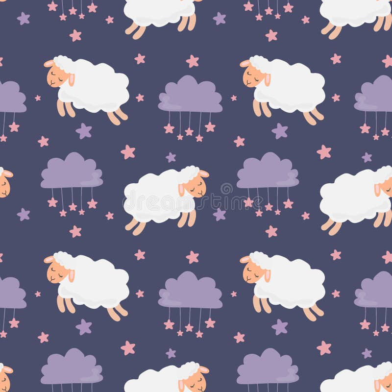 Seamless Pattern with Sleeping Sheep, Clouds and Stars in the Sky ...
