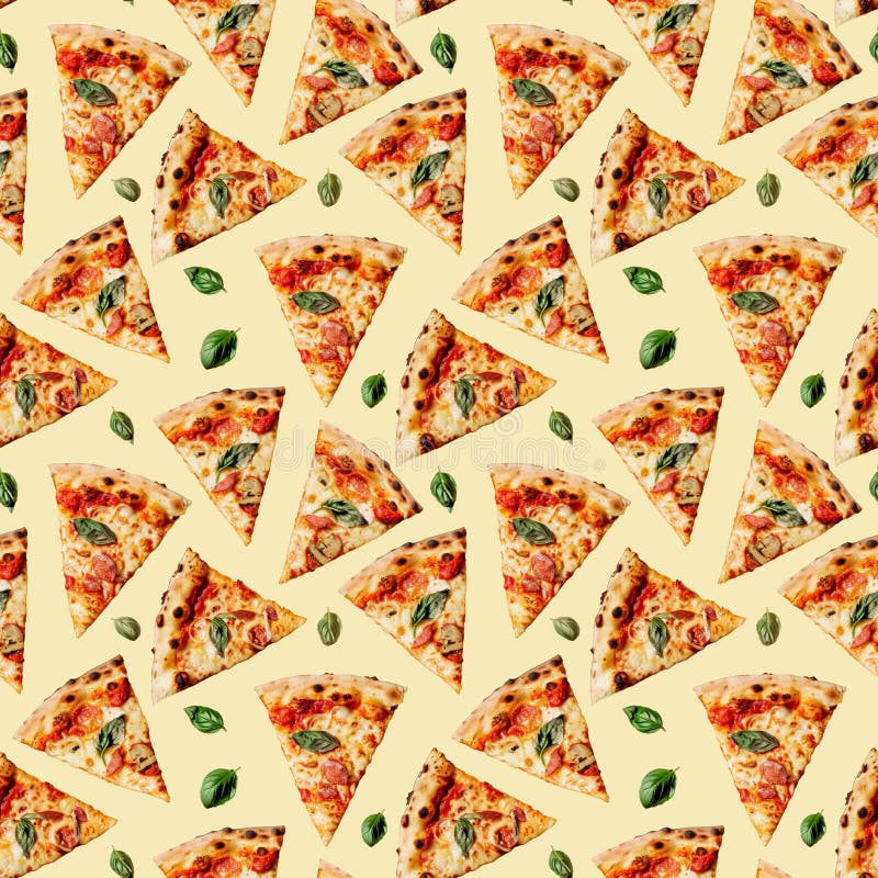 Seamless Pattern with Slices of Cheese Pizza on Pastel Yellow ...