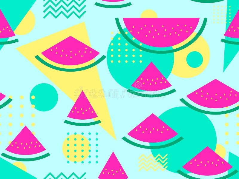 Seamless Pattern with Slices of Watermelon and Geometric Shapes on 80s ...