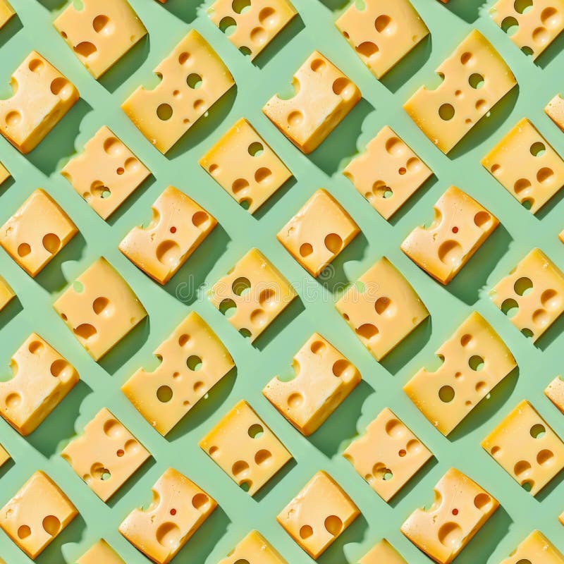 Seamless Pattern with Slices of Yellow Cheese with Holes on Green ...