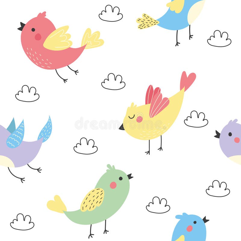 Seamless Pattern with Small Colorful Birds. Spring Cute Birds with Red ...