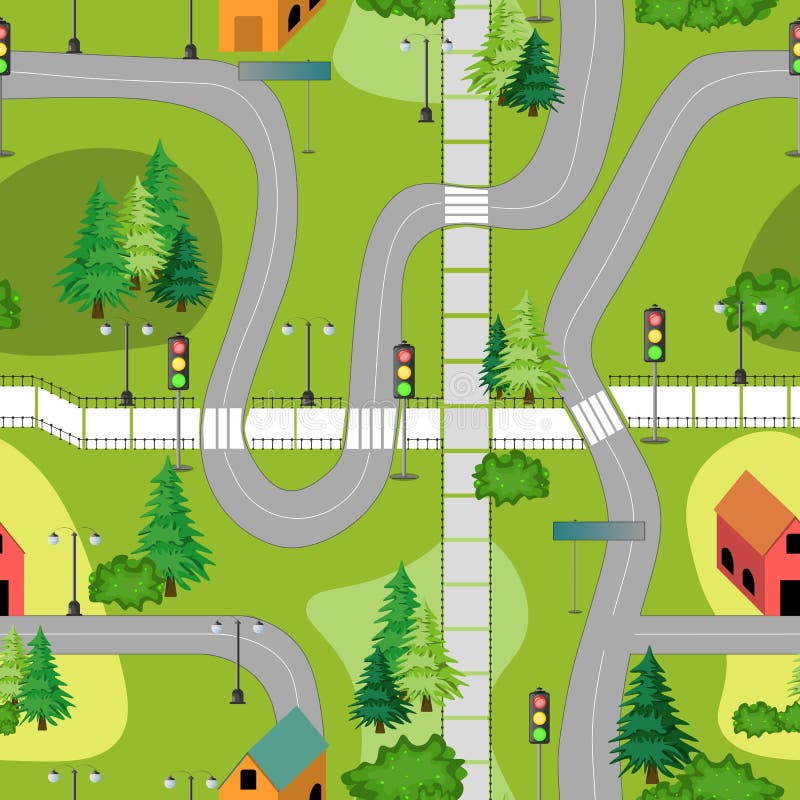 Seamless Pattern with Small Cute Town Map. Houses, Trees, Roads Stock ...